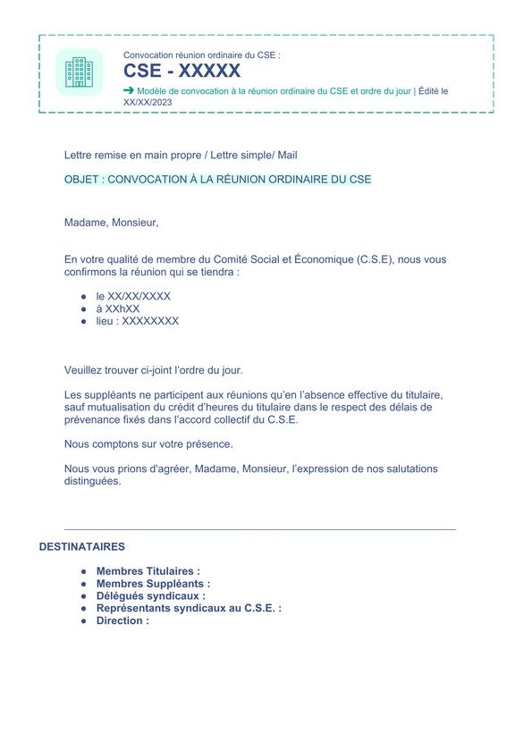 Modèle de convocation à la réunion ordinaire du CSE et ordre du jour ...