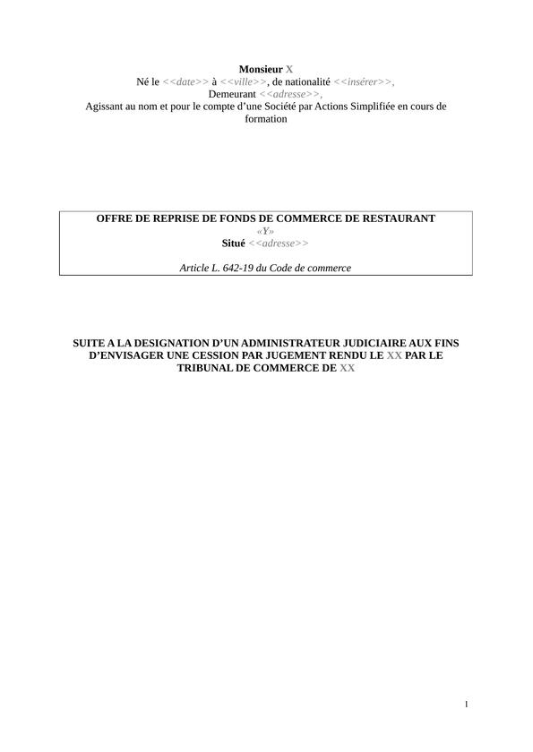 Offre de reprise de fonds de commerce : modèle à télécharger