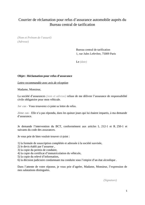 Lettre de réclamation suite à un refus d'assurance automobile : modèle ...