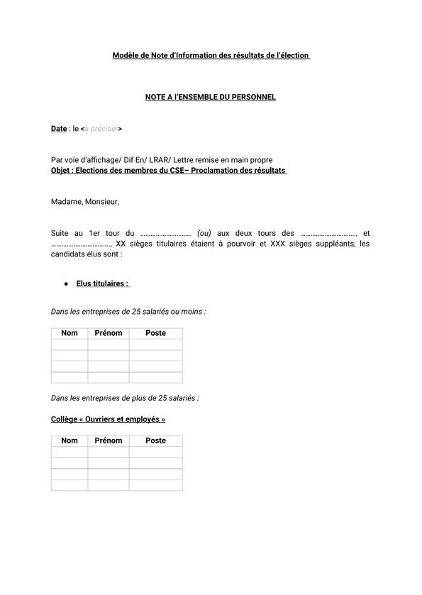 Modèle de Note d’Information des résultats de l’élection - Gratuit