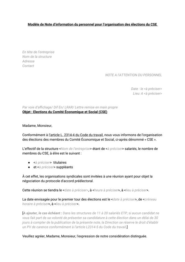 Modèle de Note d’information du personnel pour l’organisation des élections du CSE - Gratuit