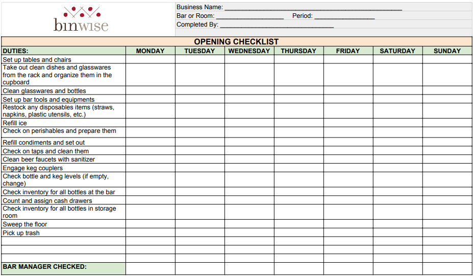 Bar Opening And Closing Checklist FREE From BinWise Bar Opening And Closing Checklist FREE From BinWise