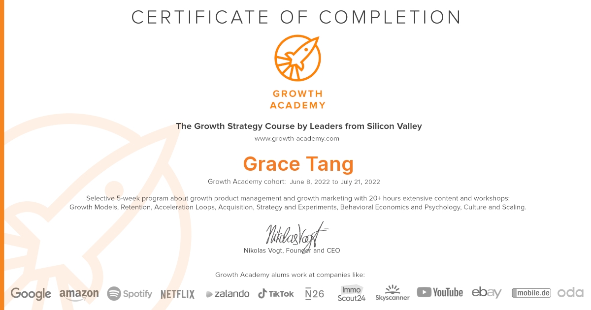 Grace Tang's Growth Academy Certificate