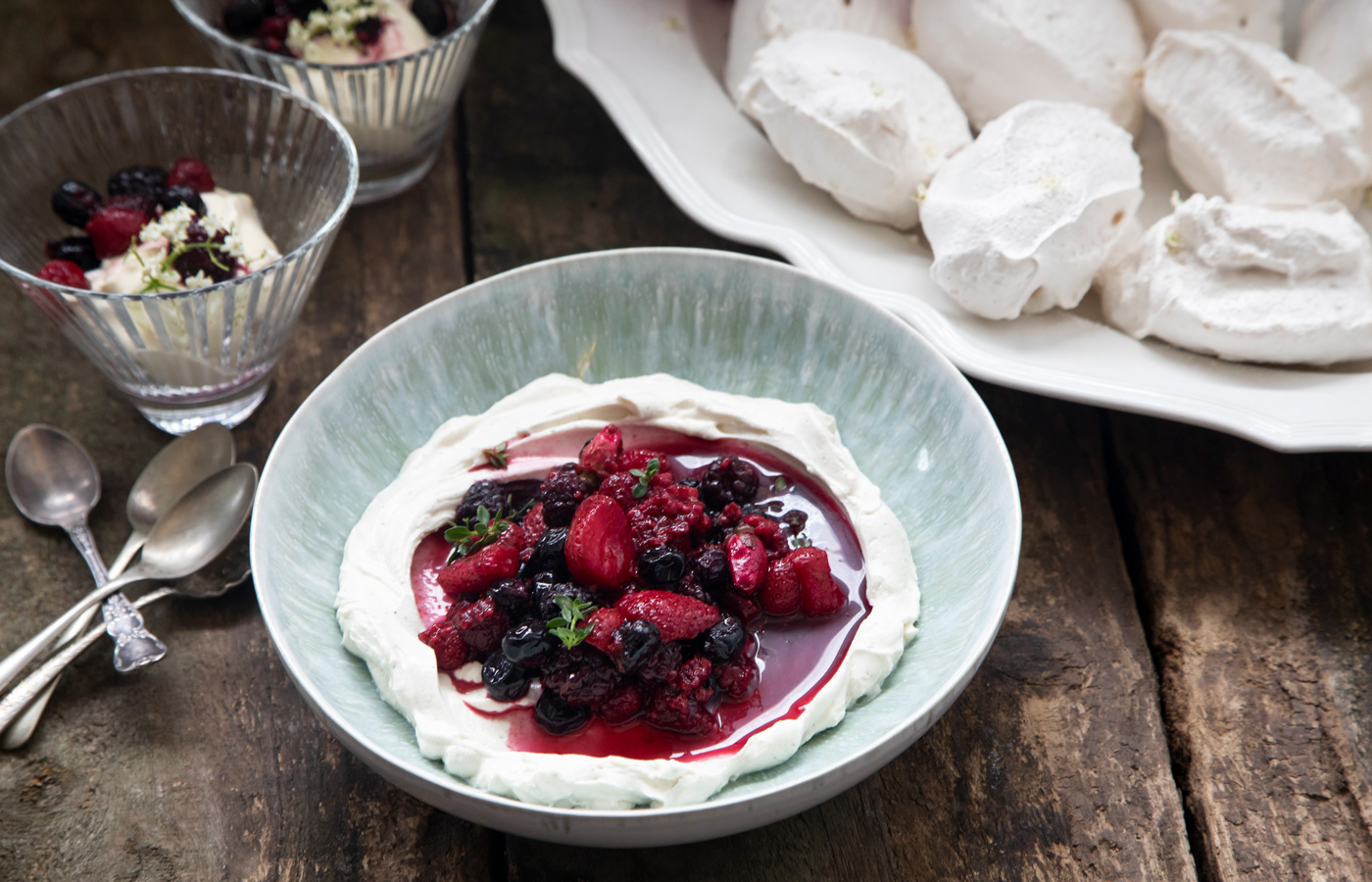 Rose Scented Meringue with Marinated Berries and Vanilla Labneh