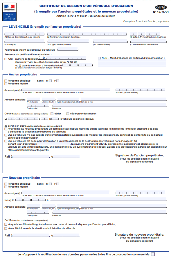 Certificat d'immatriculation cerfa-13750 (PDF) à remplir en ligne