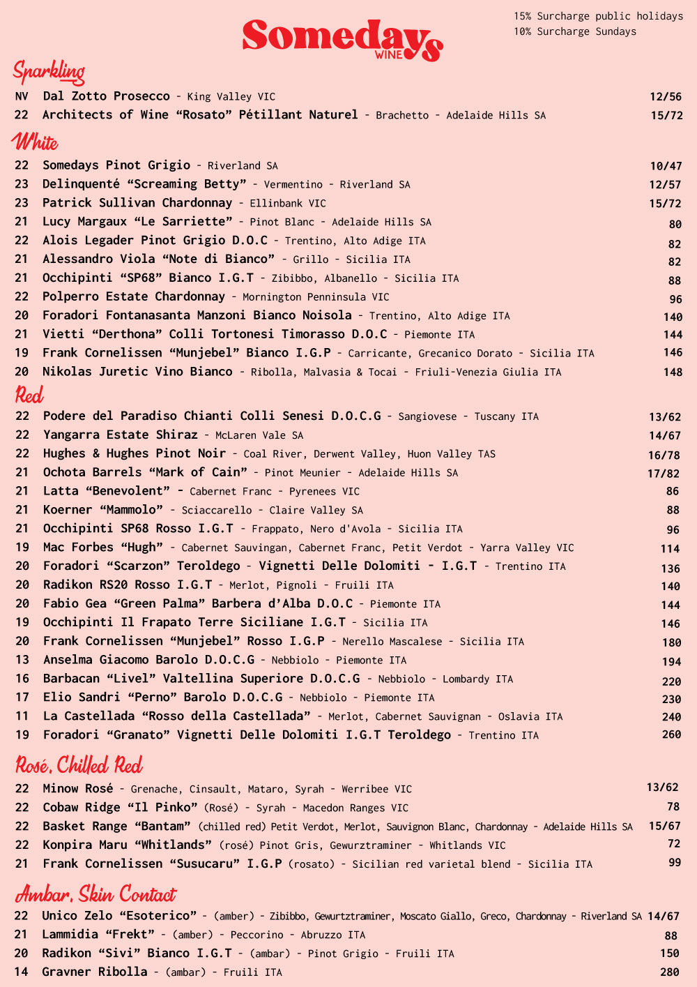 Somedays Pizza Noosa drinks menu