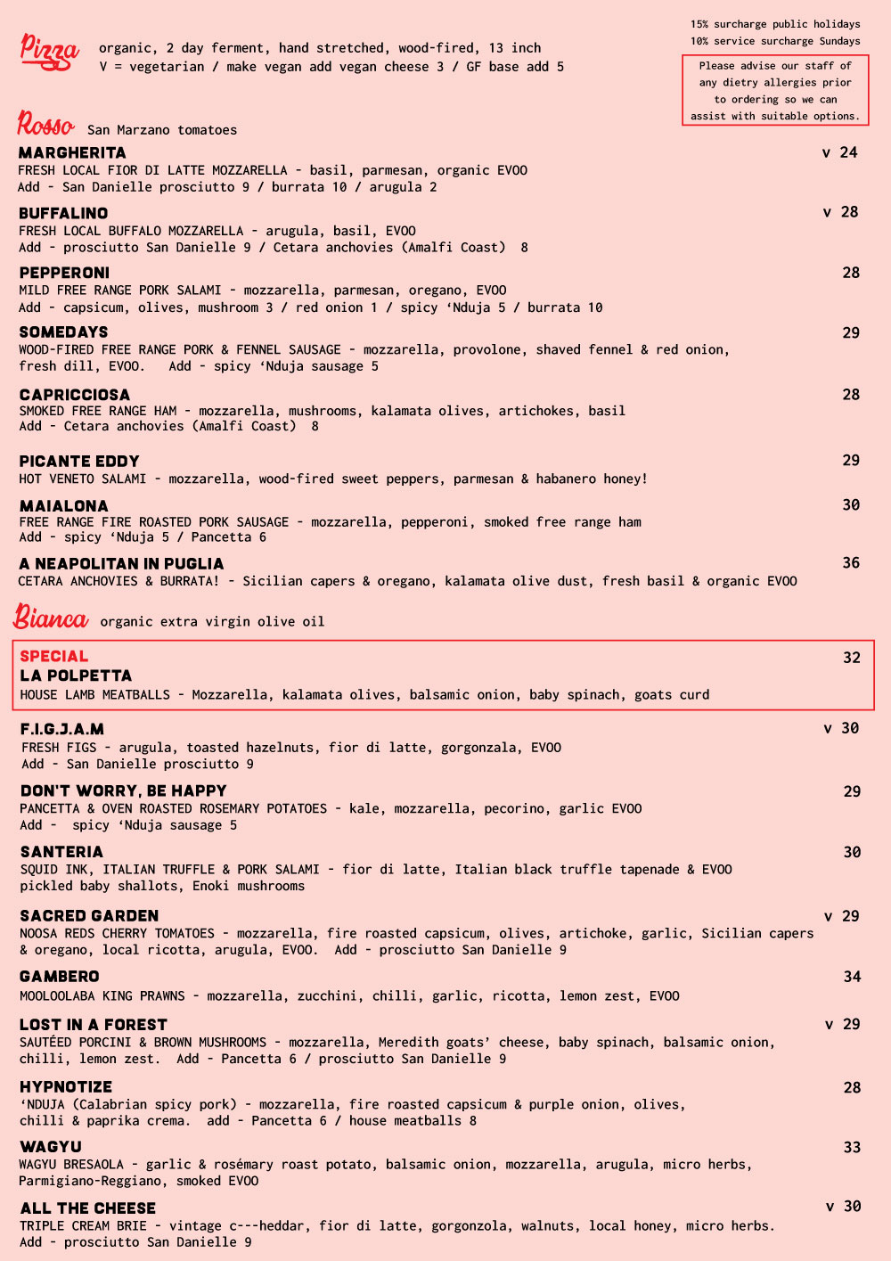Somedays Pizza Noosa menu