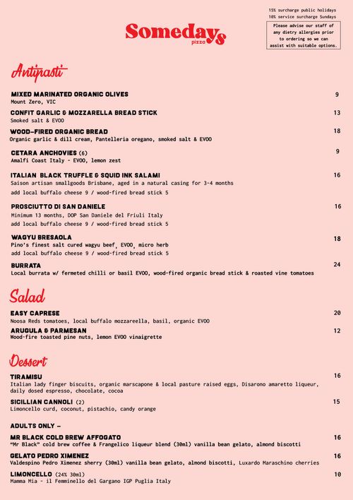 Somedays Pizza Noosa menu