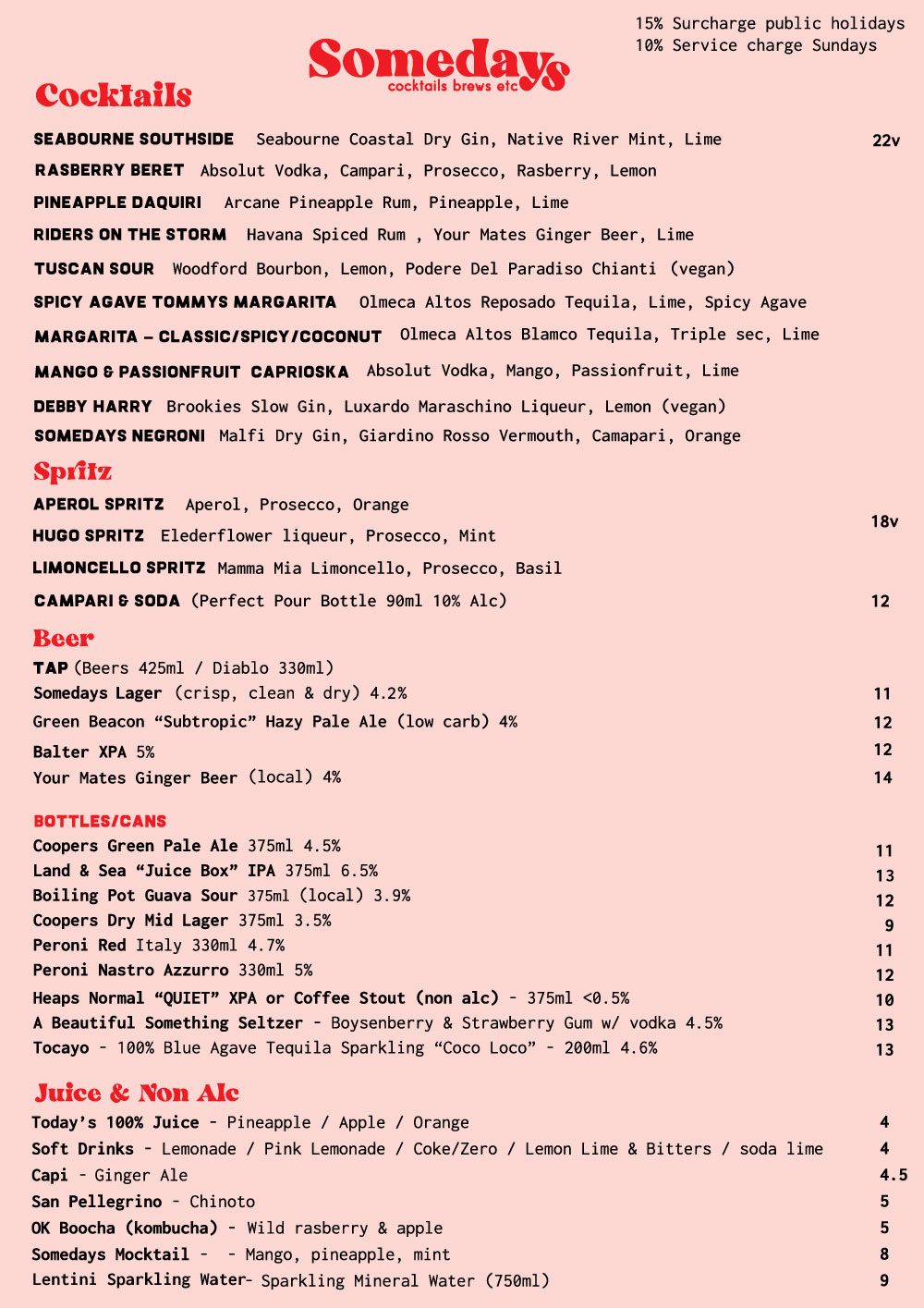 Somedays Pizza Noosa drinks menu