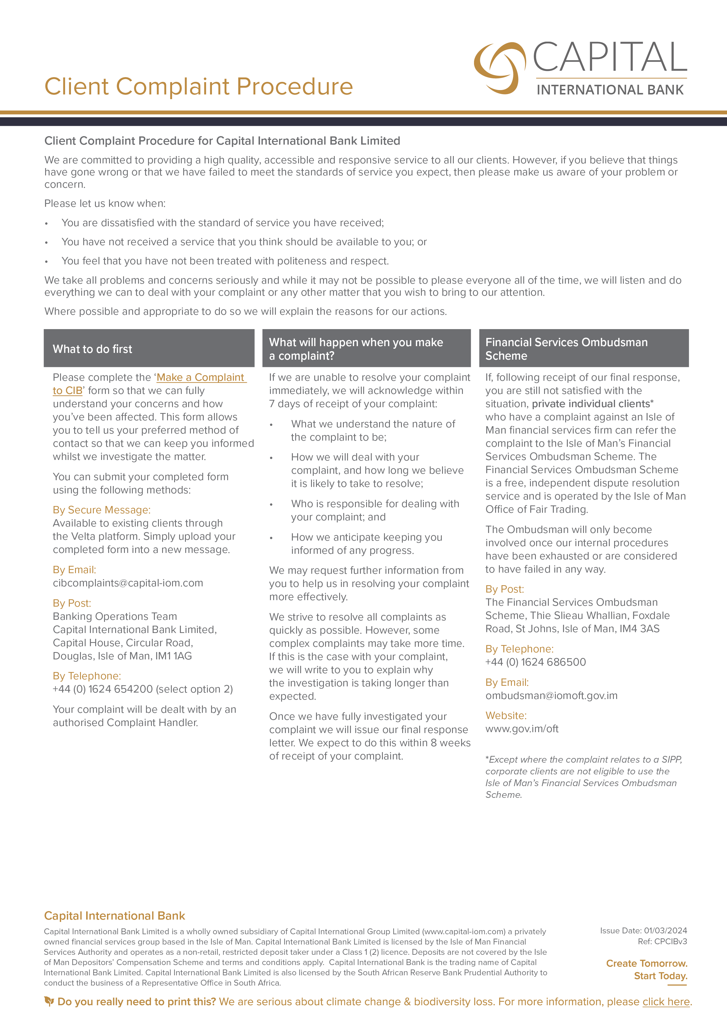 Client Complaint Procedure for Capital International Bank Limited ...