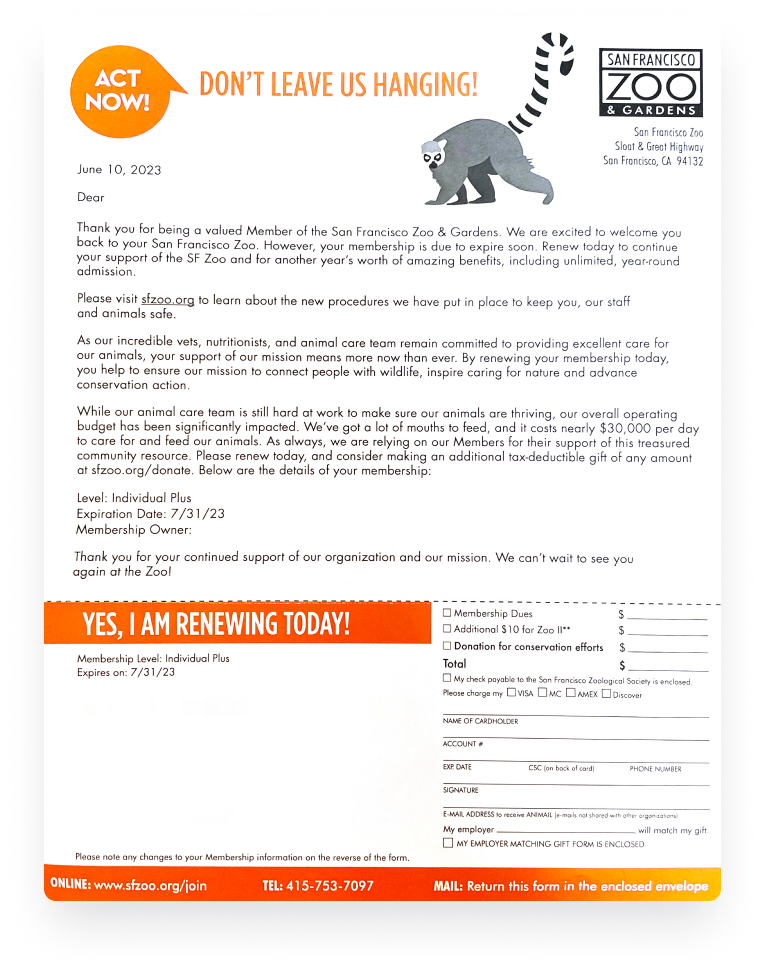 San Francisco Zoo, Best Direct Mail Campaigns - Lob