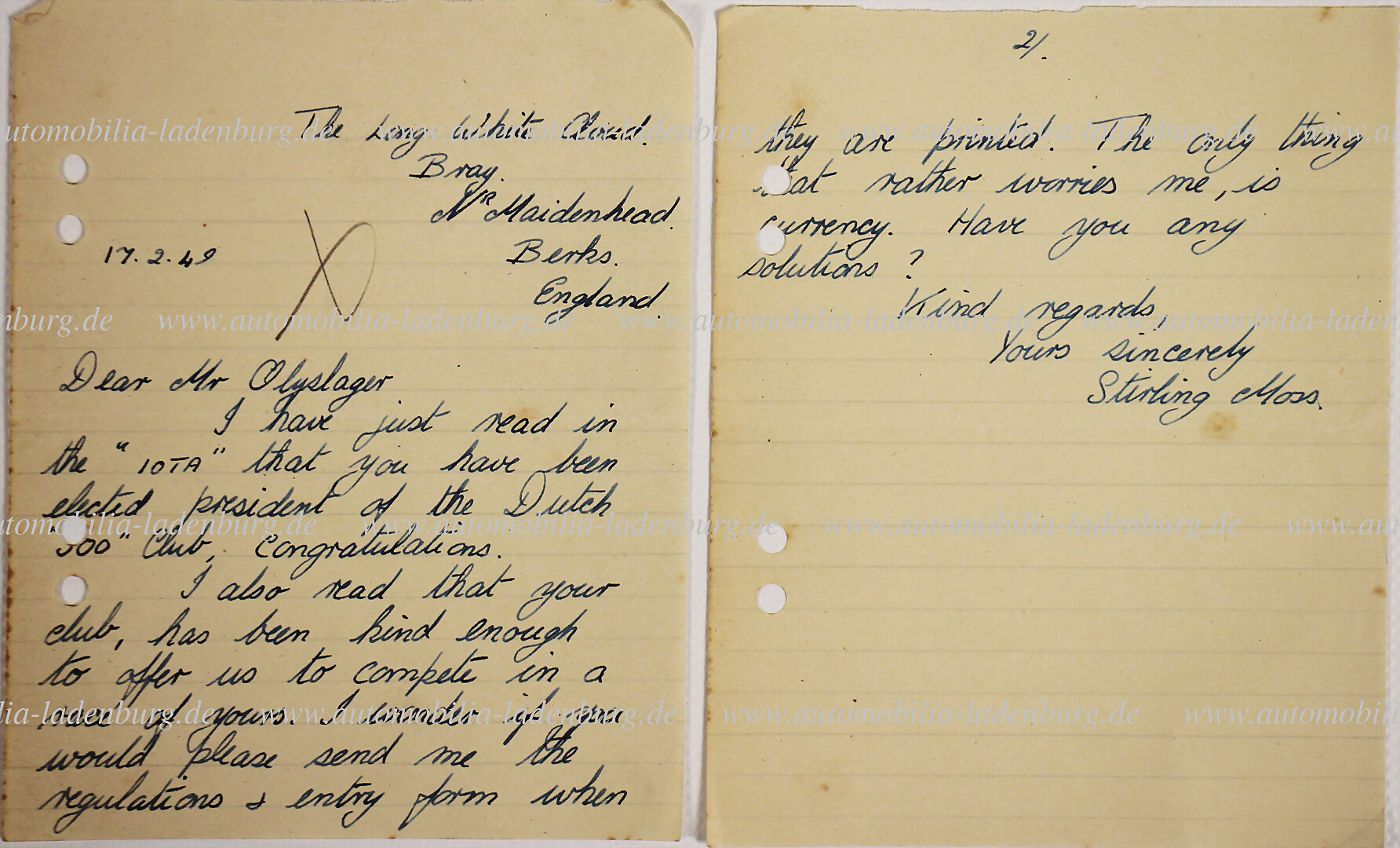 Stirling Moss signed letter - sorry now sold | Autographs | SpeedSport ...