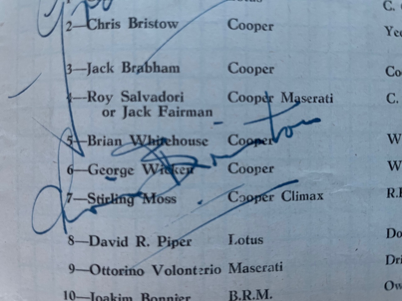 Chris Bristow, Graham Hill, McLaren, Moss and Brabham signed programme ...
