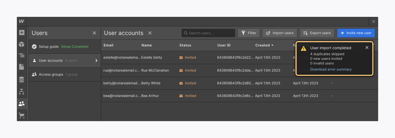 Import/export user accounts | Webflow University