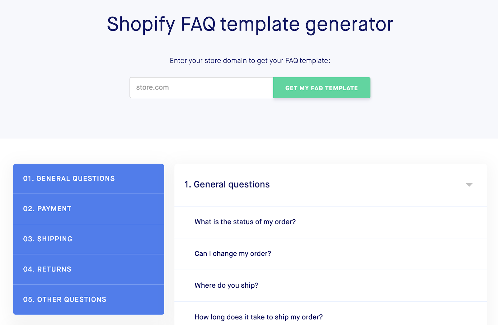 Ecommerce FAQ Template Generator For Shopify Examples 