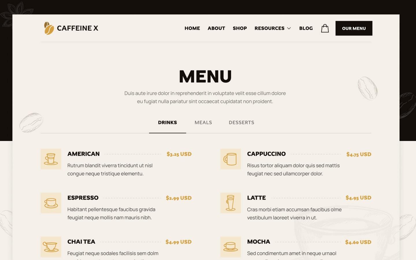 Caffeine X - Coffee Shop HTML5 Responsive Website Template
