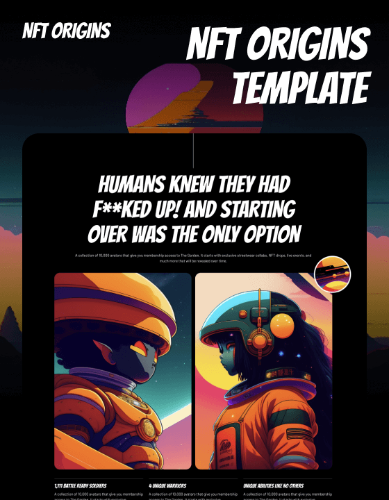 NFT Origins - One Page HTML5 Responsive Website Template