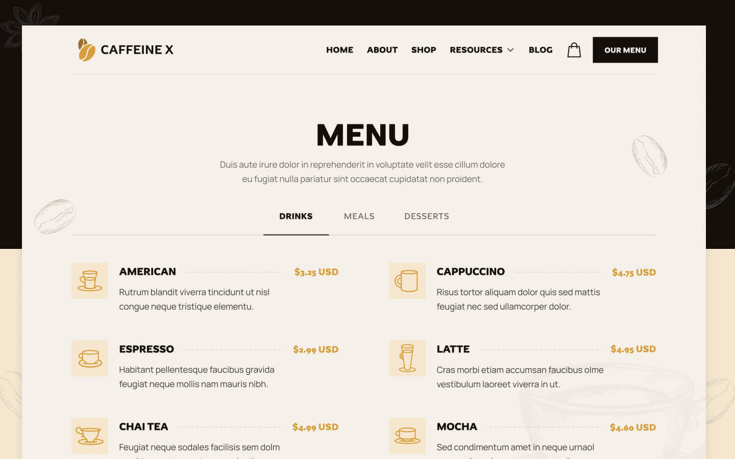 Caffeine X - Coffee Shop HTML5 Responsive Website Template