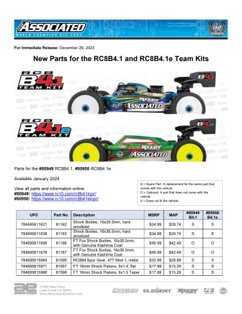 Team Associated RC8 B4.1 B4.1e New Parts List