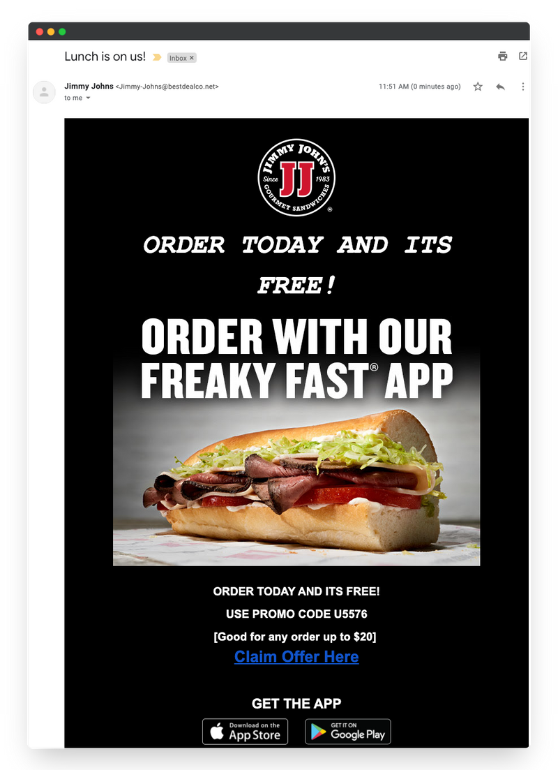 Jimmy Johns Phishing Email Example | Hook Security