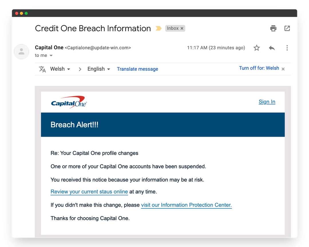 Capital One Phishing Email Example | Hook Security