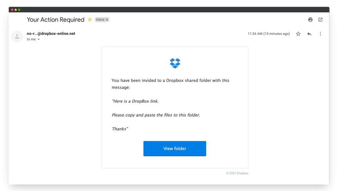 Dropbox Phishing Email Example | Hook Security