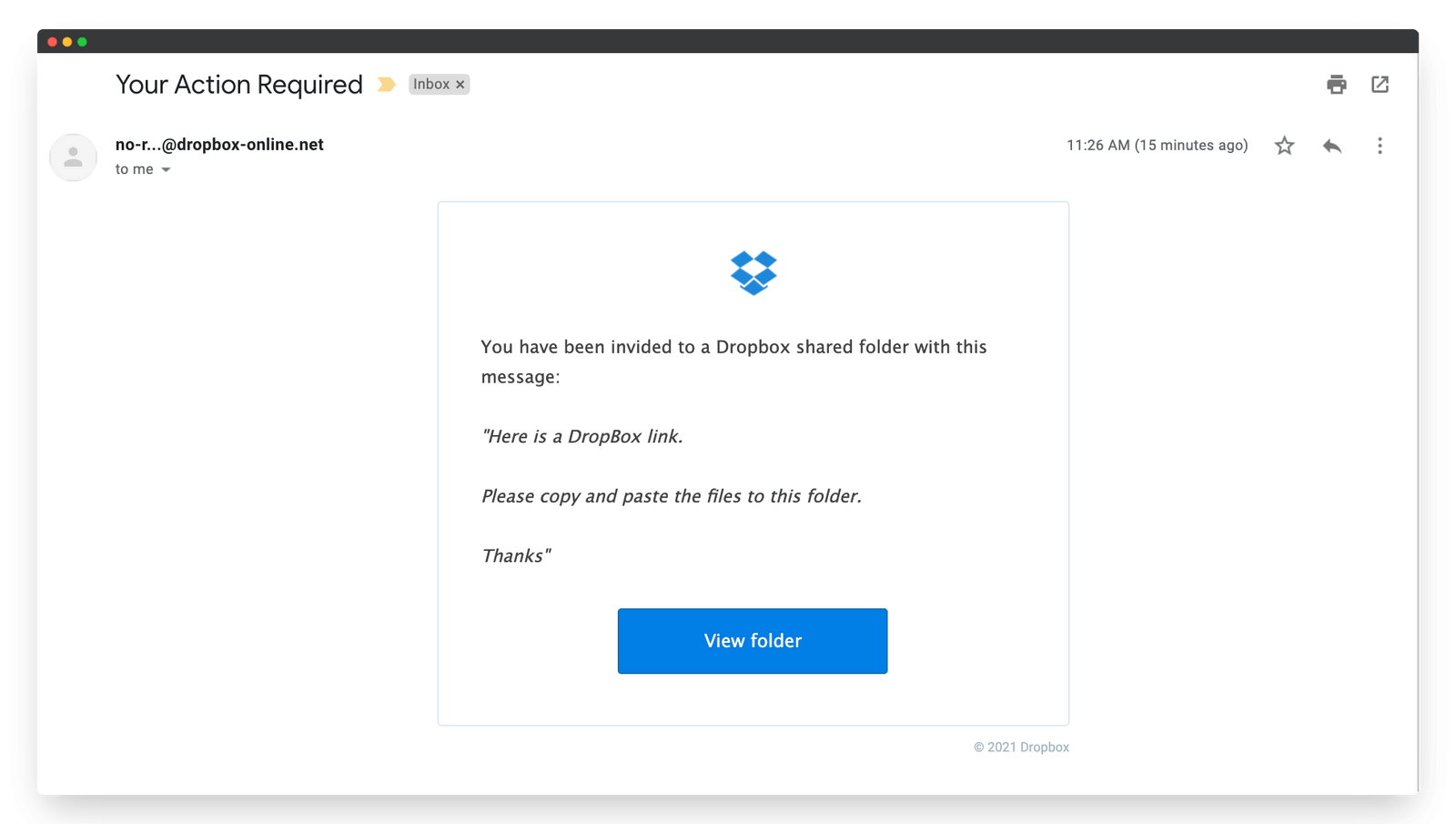 Dropbox Phishing Email Example | Hook Security