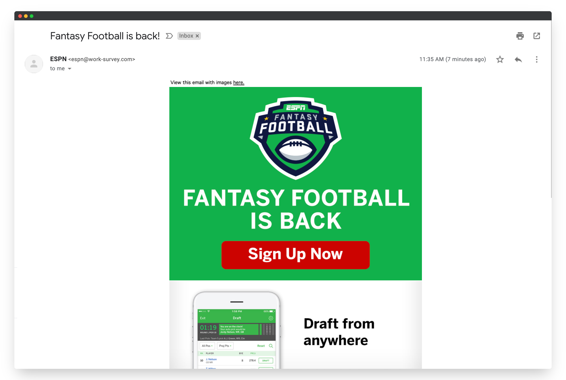 ESPN Phishing Email Example | Hook Security