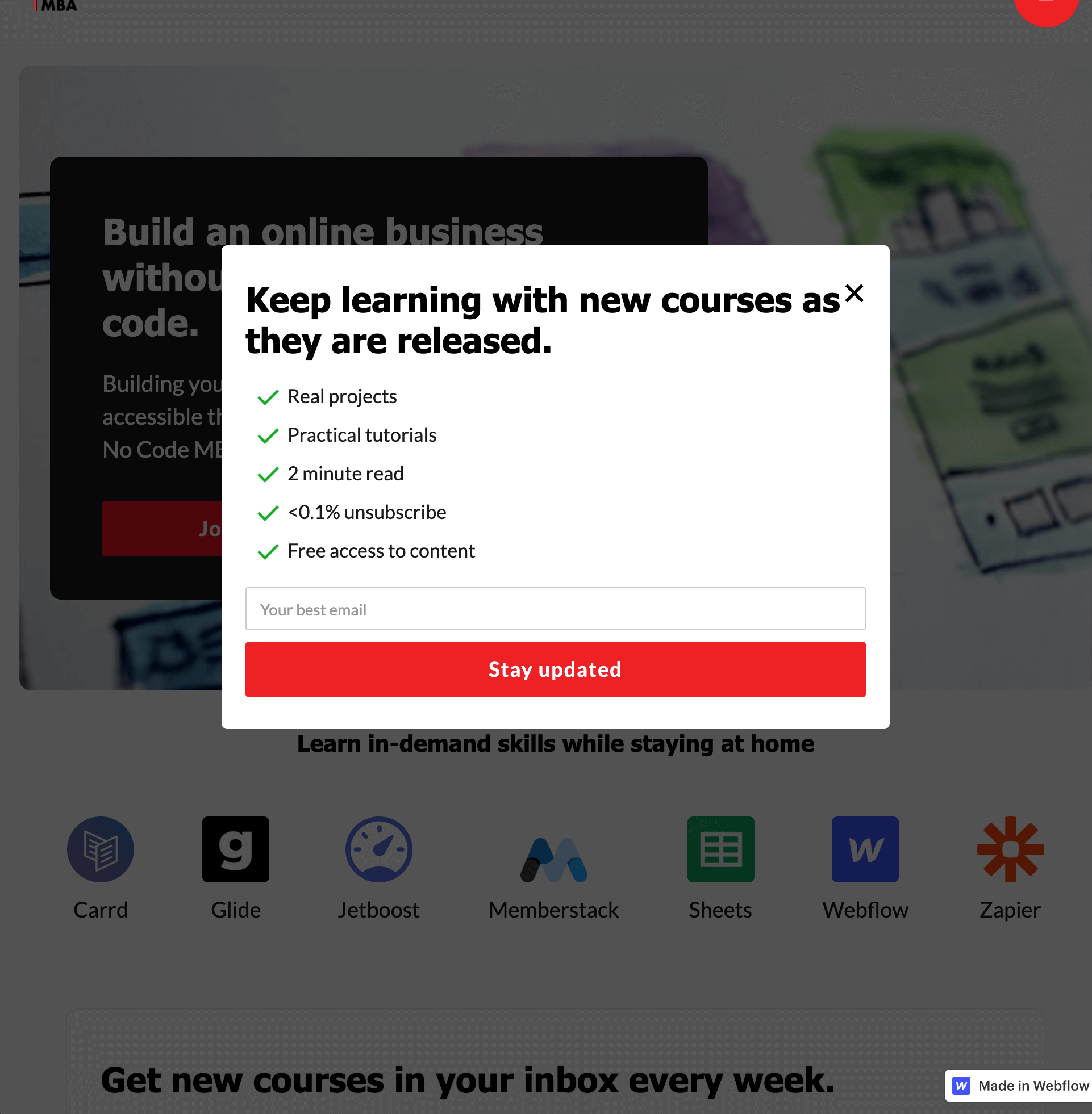 Build a pop up email capture form in Webflow - No Code MBA