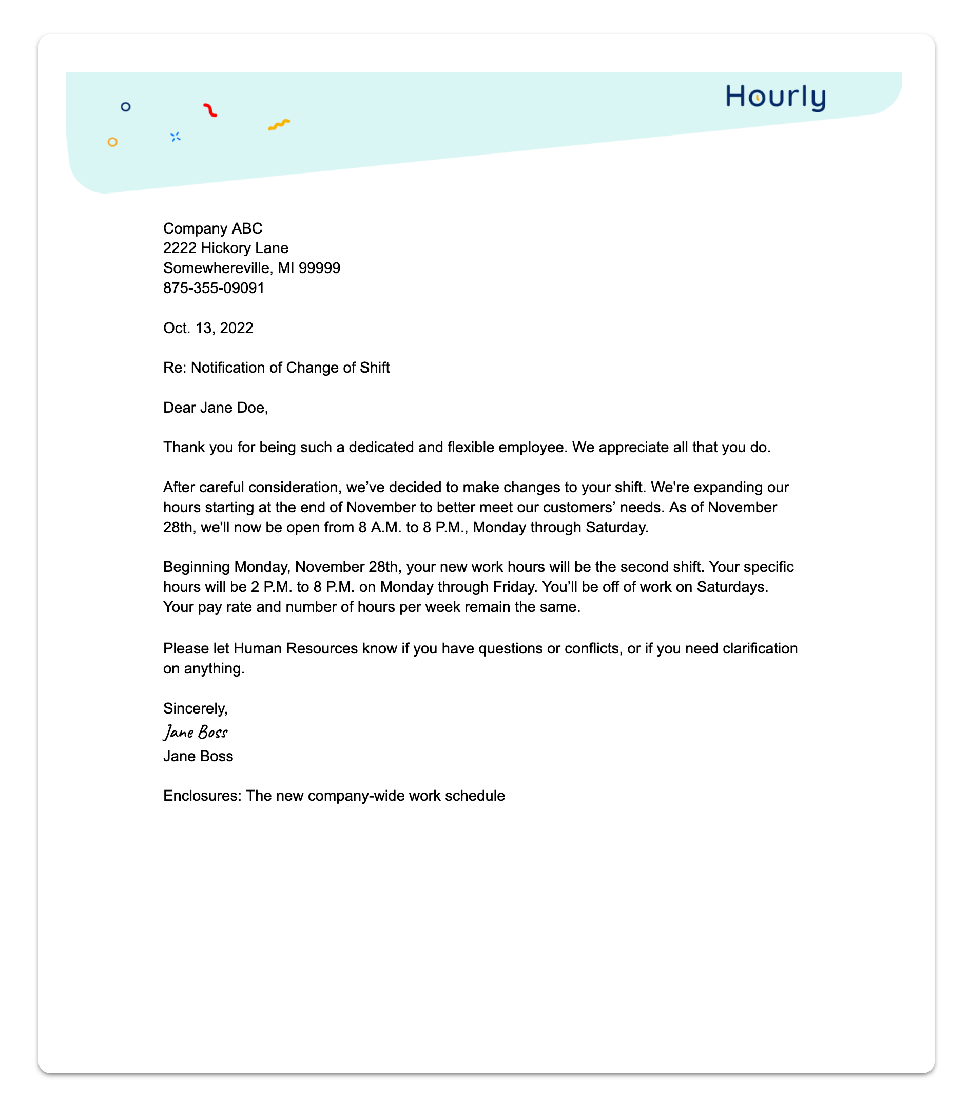 Work Schedule Change Notice Letter Template For Businesses Hourly Inc 