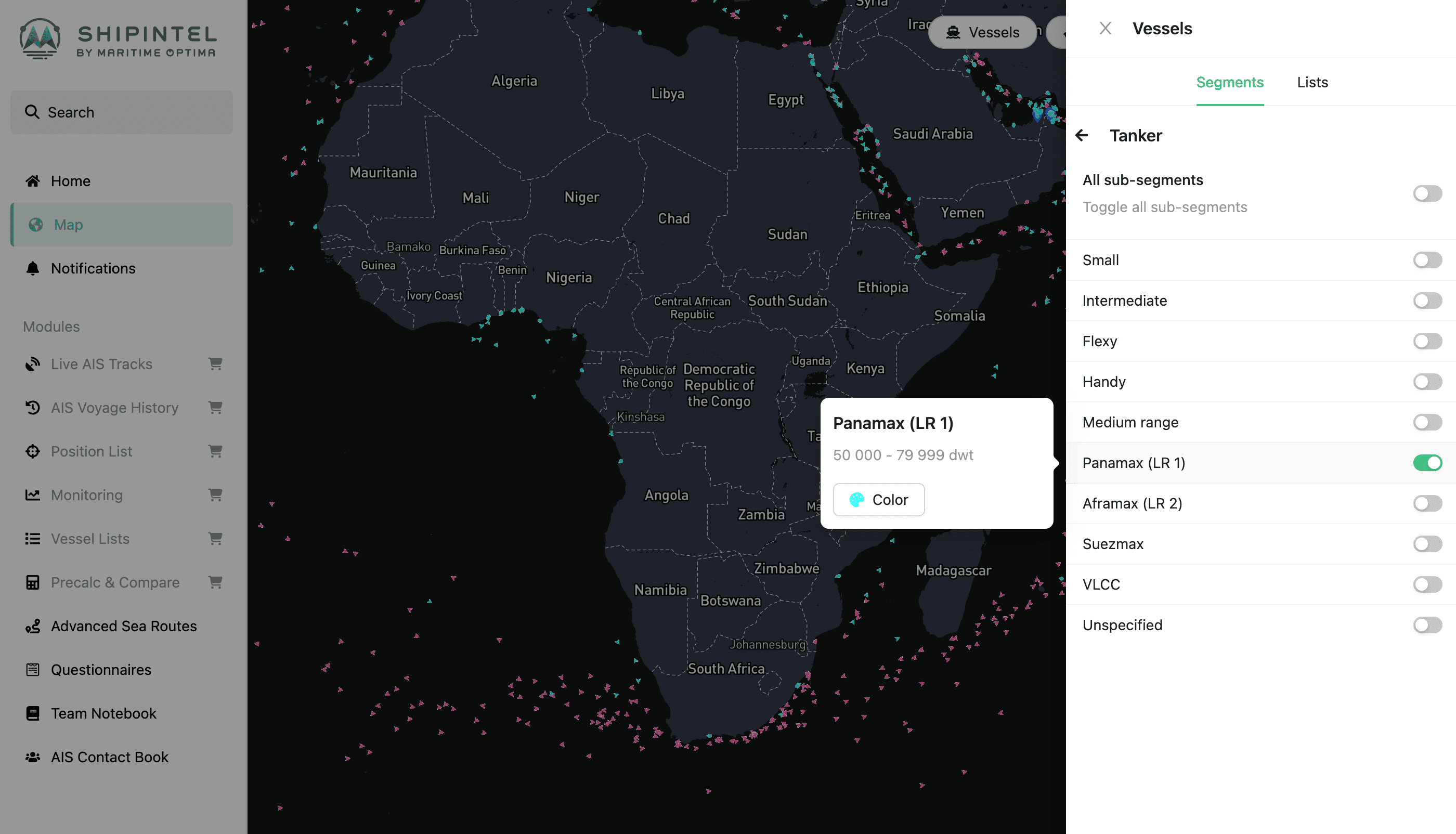 Different type and sizes of tanker vessels