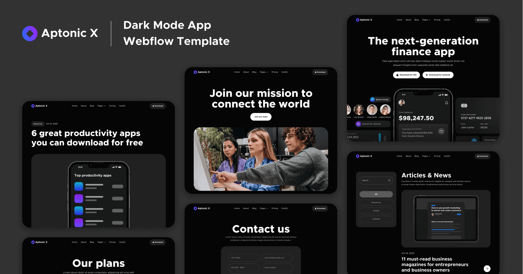 Dark Mode Mobile App Webflow Template - Aptonic X | BRIX Templates