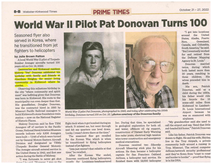 Pat Donovan, Word War II pilot, achieves another milestone