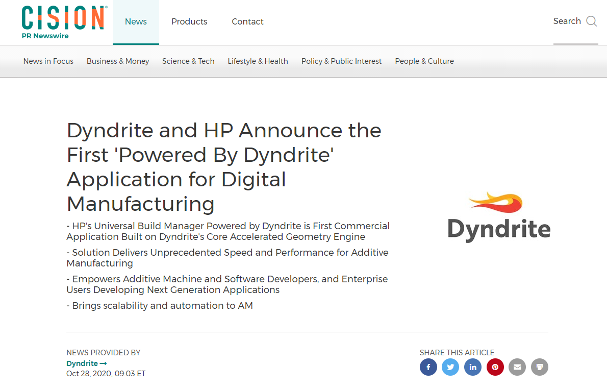 PR Newswire - Dyndrite and HP Announce the First 'Powered By Dyndrite' Application for Digital ...