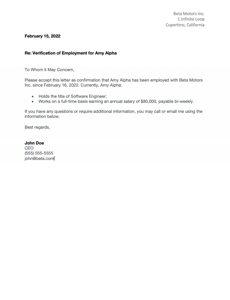 Employment Verification Letter | Rally Legal