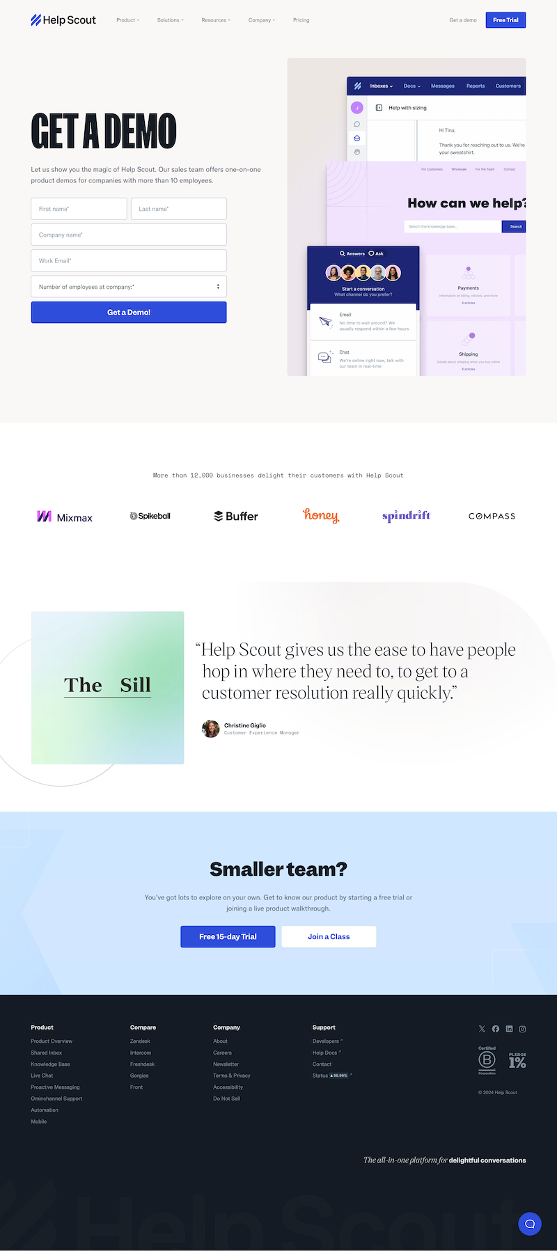 Help Scout Request a Demo Page for SaaS Inspiration