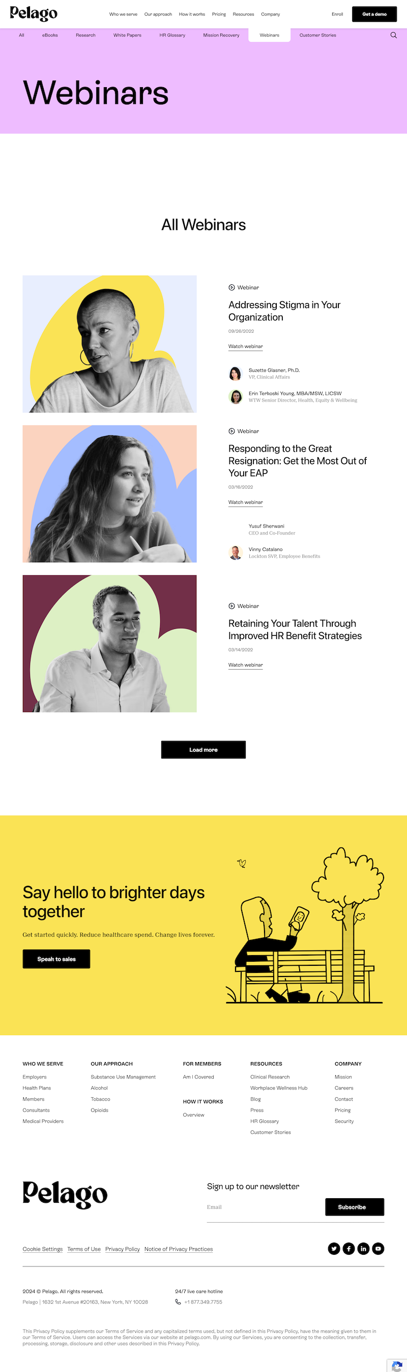 Pelago Health Webinars Page for SaaS Inspiration