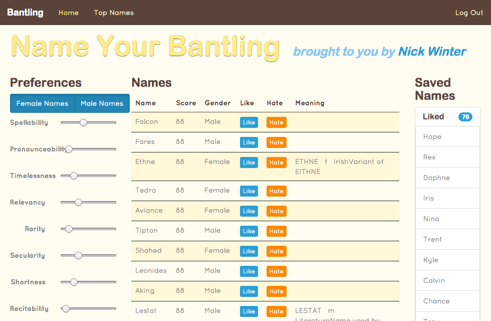 Nick Winter's Blog | Bantling: Name Your Baby With Algorithms