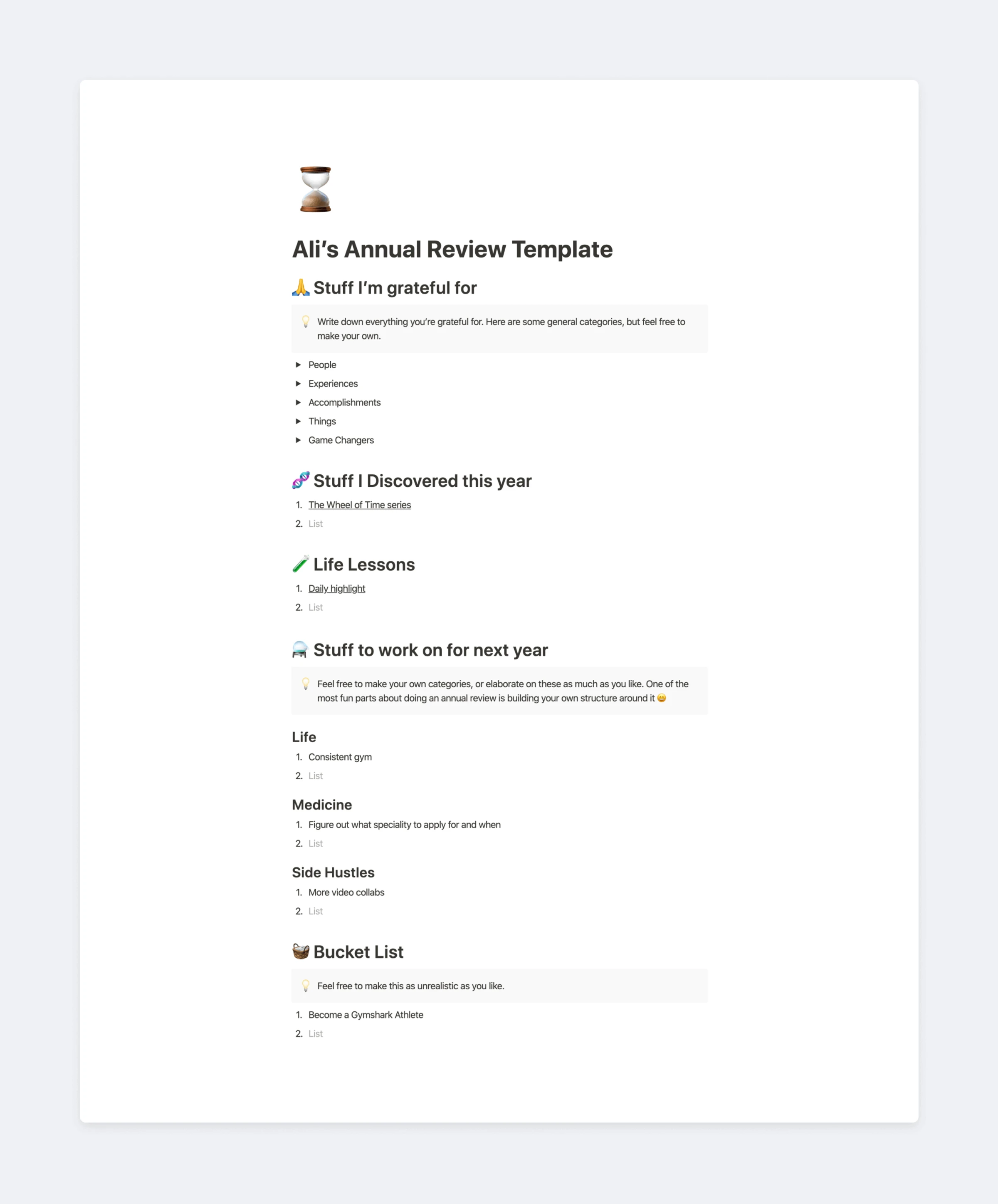 Ali's annual review template | Notion Everything