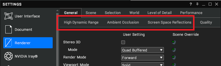 High Dynamic Range, Ambient Occlusion and Screen space reflection settings