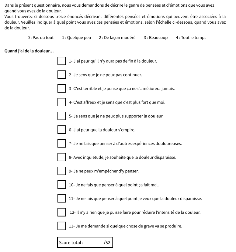 Pain Catastrophizing Scale (PCS) pour les kinésithérapeutes