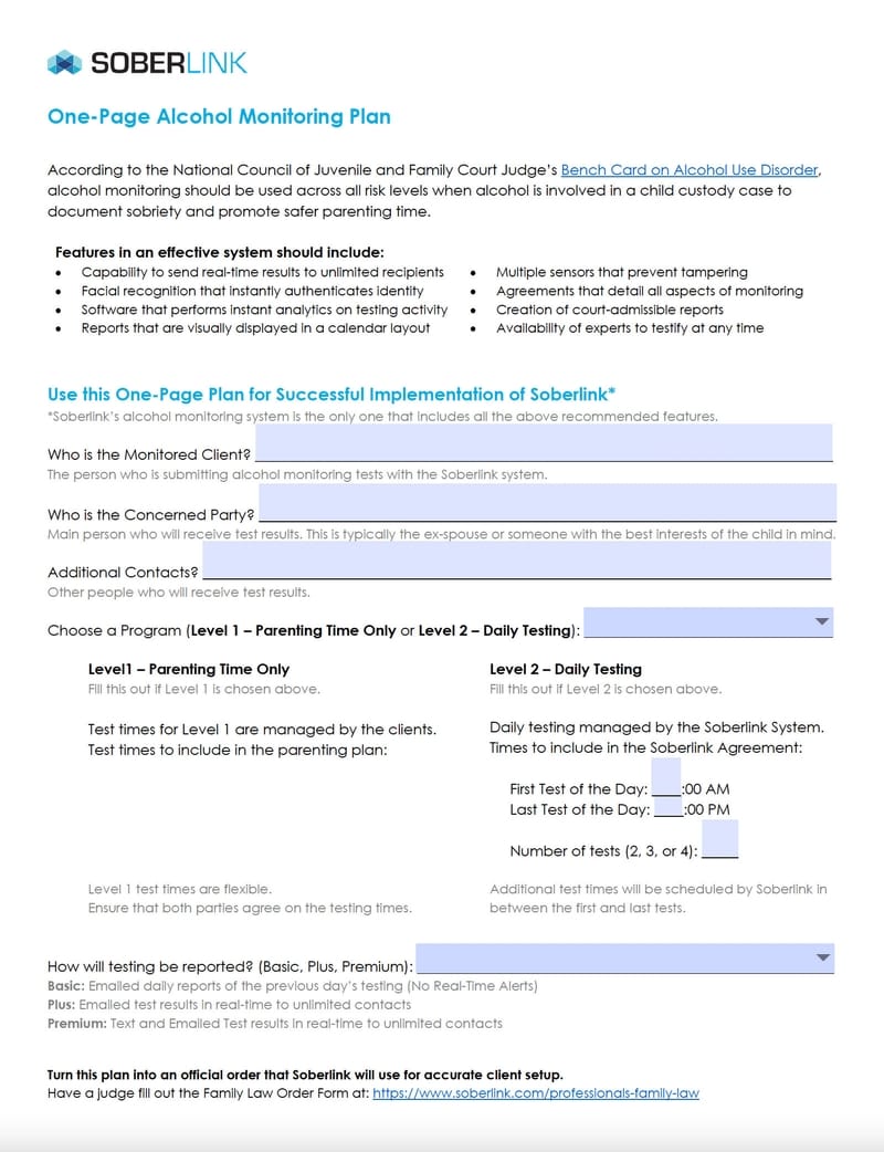 One-Page Soberlink Alcohol Monitoring Plan