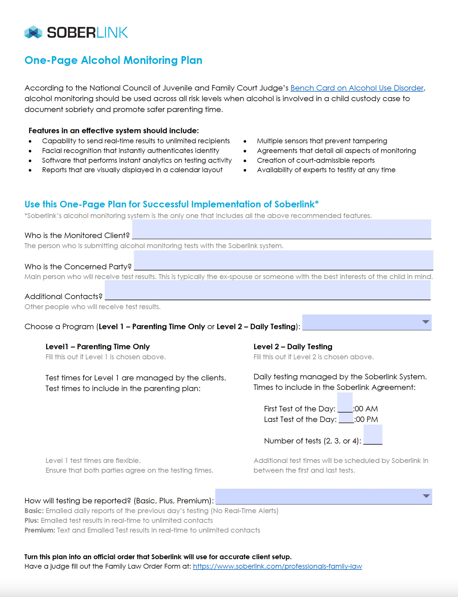 One-Page Soberlink Alcohol Monitoring Plan