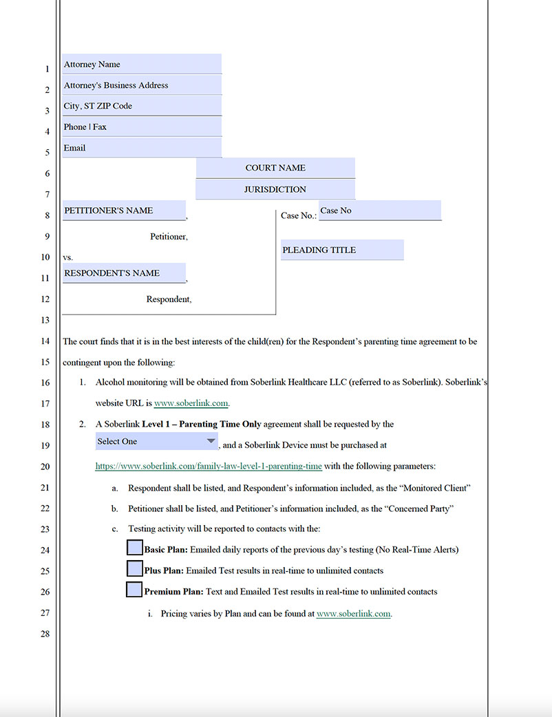 Soberlink Family Law Sample Orders for Custody Cases