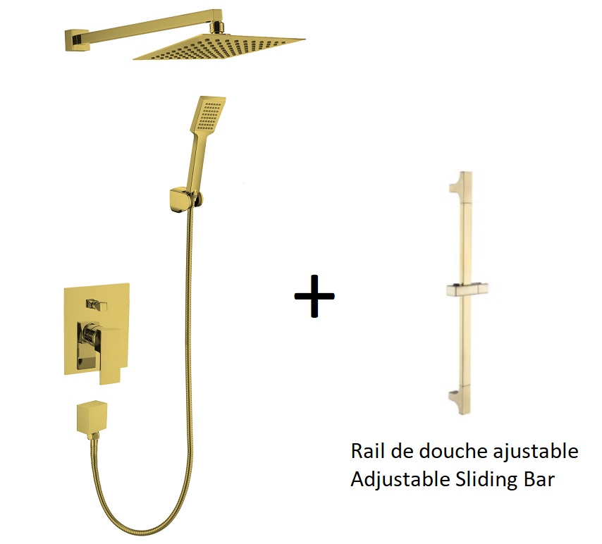 Square Shower Kit in Brushed Gold with Adjustable Sliding Bar 19940A-04 ...