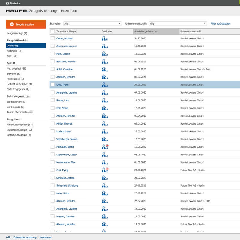Arbeitszeugnisgenerator: Haufe Zeugnis Manager