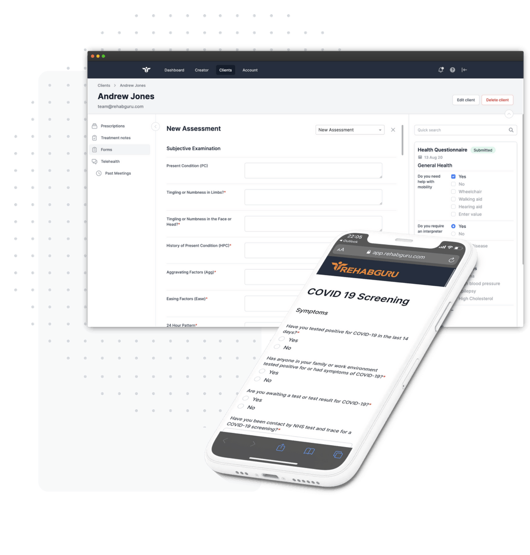 Exercises, Telehealth, Treatment Notes, Patient Forms, Bookings