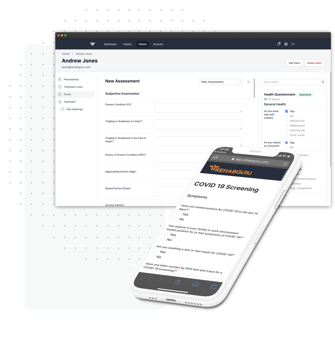 Exercises, Telehealth, Treatment Notes, Patient Forms, Bookings