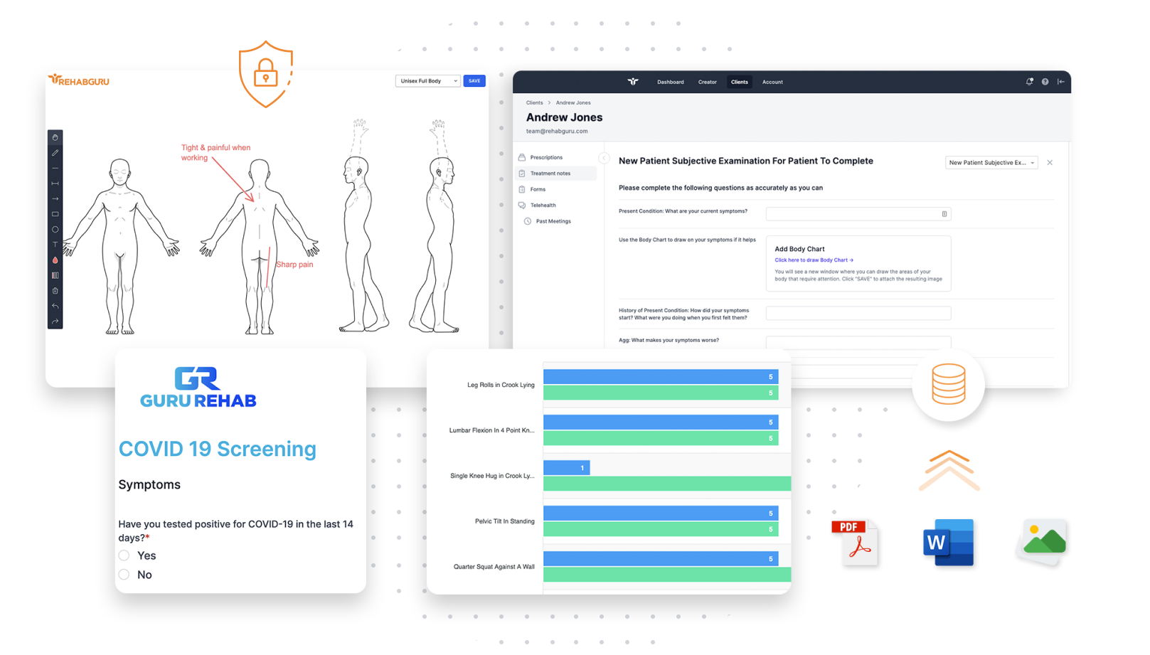 Exercises, Telehealth, Treatment Notes, Patient Forms, Bookings