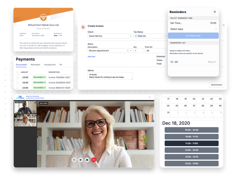 Exercises, Telehealth, Treatment Notes, Patient Forms, Bookings
